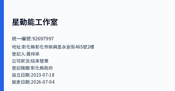 星動能工作室的照片-統編 92697997(彰化縣) 公司登記資料與營業項目詳細圖表