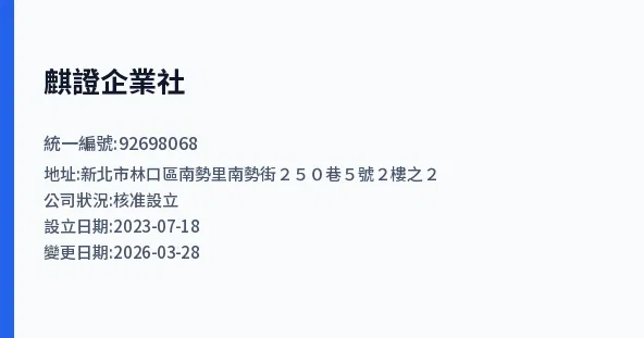 麒證企業社的照片-統編 92698068(新北市) 公司登記資料與營業項目詳細圖表