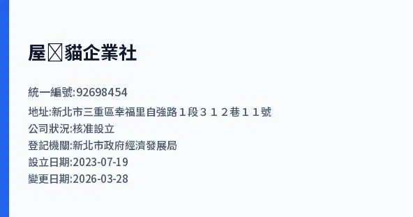 屋萀貓企業社的照片-統編 92698454(新北市) 公司登記資料與營業項目詳細圖表