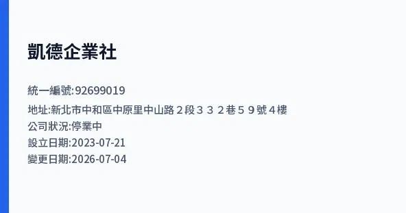 凱德企業社的照片-統編 92699019(新北市) 公司登記資料與營業項目詳細圖表