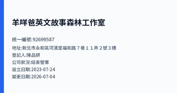 羊咩爸英文故事森林工作室的照片-統編 92699587(新北市) 公司登記資料與營業項目詳細圖表