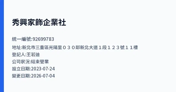 秀興家飾企業社的照片-統編 92699783(新北市) 公司登記資料與營業項目詳細圖表