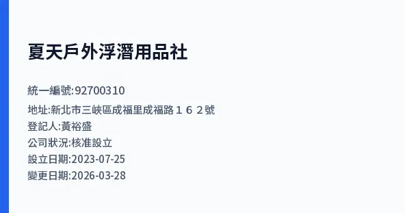 夏天戶外浮潛用品社的照片-統編 92700310(新北市) 公司登記資料與營業項目詳細圖表