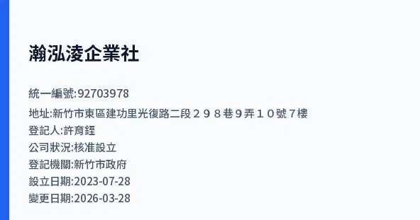 瀚泓淩企業社的照片-統編 92703978(新竹市) 公司登記資料與營業項目詳細圖表