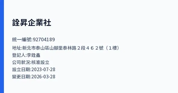 詮昇企業社的照片-統編 92704189(新北市) 公司登記資料與營業項目詳細圖表