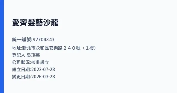 愛齊髮藝沙龍的照片-統編 92704343(新北市) 公司登記資料與營業項目詳細圖表