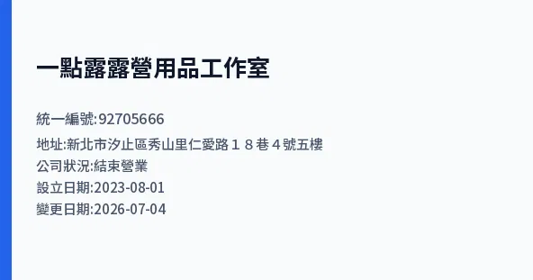 一點露露營用品工作室的照片-統編 92705666(新北市) 公司登記資料與營業項目詳細圖表