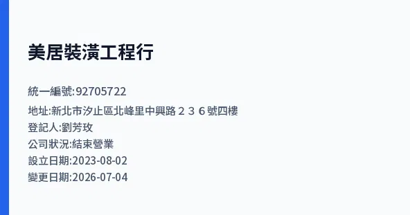 美居裝潢工程行的照片-統編 92705722(新北市) 公司登記資料與營業項目詳細圖表