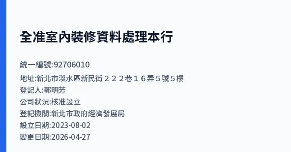 全准室內裝修資料處理本行的照片-統編 92706010(新北市) 公司登記資料與營業項目詳細圖表
