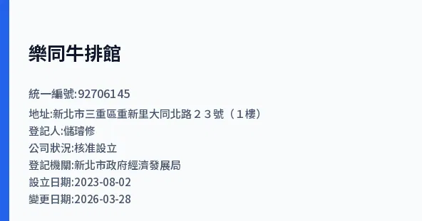 樂同牛排館的照片-統編 92706145(新北市) 公司登記資料與營業項目詳細圖表