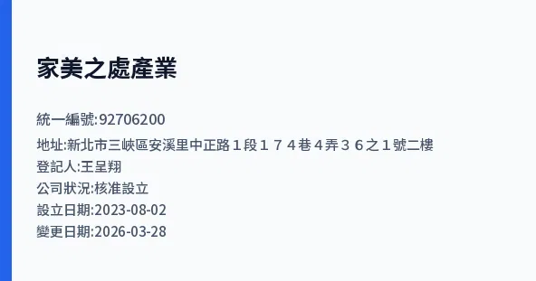 家美之處產業的照片-統編 92706200(新北市) 公司登記資料與營業項目詳細圖表