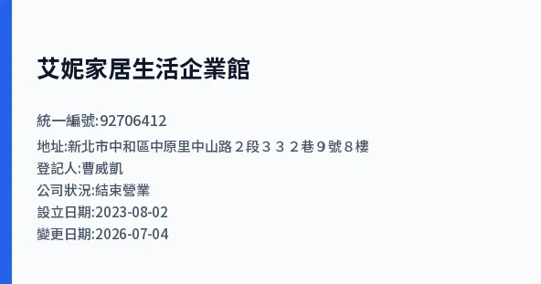 艾妮家居生活企業館的照片-統編 92706412(新北市) 公司登記資料與營業項目詳細圖表
