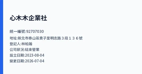 心木木企業社的照片-統編 92707030(新北市) 公司登記資料與營業項目詳細圖表