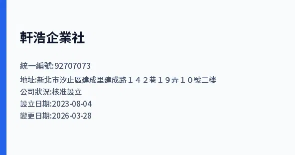 軒浩企業社的照片-統編 92707073(新北市) 公司登記資料與營業項目詳細圖表