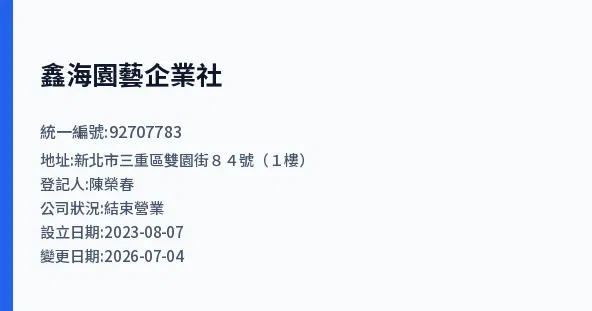 鑫海園藝企業社的照片-統編 92707783(新北市) 公司登記資料與營業項目詳細圖表