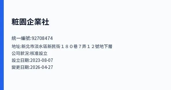 粧園企業社的照片-統編 92708474(新北市) 公司登記資料與營業項目詳細圖表