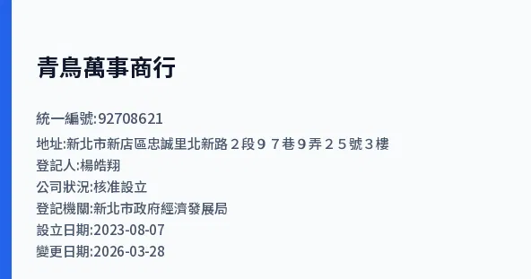 青鳥萬事商行的照片-統編 92708621(新北市) 公司登記資料與營業項目詳細圖表