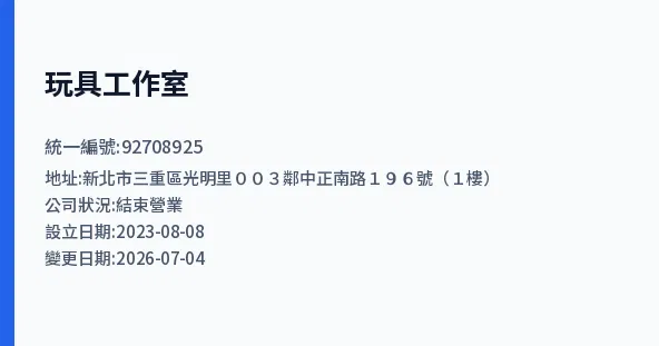 玩具工作室的照片-統編 92708925(新北市) 公司登記資料與營業項目詳細圖表