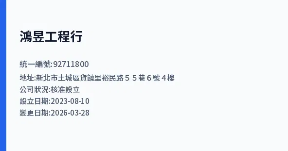 鴻昱工程行的照片-統編 92711800(新北市) 公司登記資料與營業項目詳細圖表