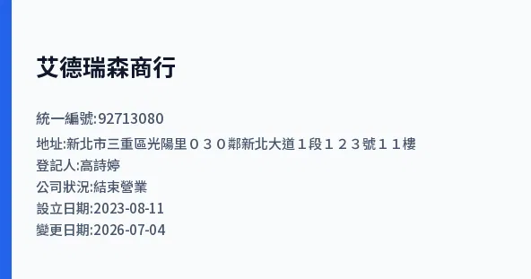 艾德瑞森商行的照片-統編 92713080(新北市) 公司登記資料與營業項目詳細圖表