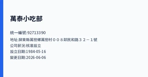 萬泰小吃部的照片-統編 92713390(屏東縣) 公司登記資料與營業項目詳細圖表