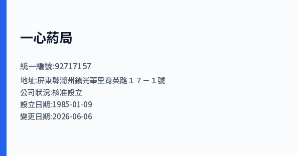 一心葯局的照片-統編 92717157(屏東縣) 公司登記資料與營業項目詳細圖表