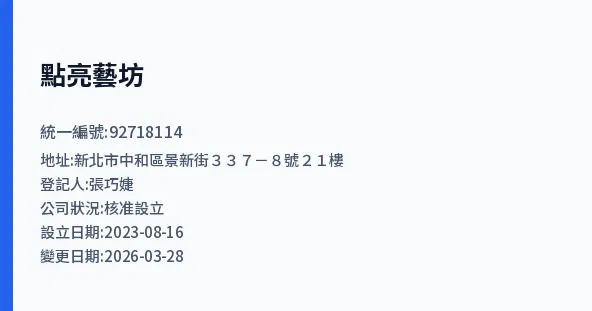 點亮藝坊的照片-統編 92718114(新北市) 公司登記資料與營業項目詳細圖表