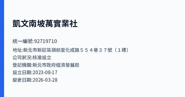 凱文南坡萬實業社的照片-統編 92719710(新北市) 公司登記資料與營業項目詳細圖表