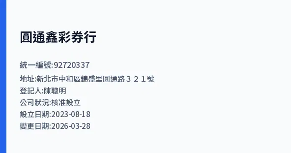 圓通鑫彩券行的照片-統編 92720337(新北市) 公司登記資料與營業項目詳細圖表