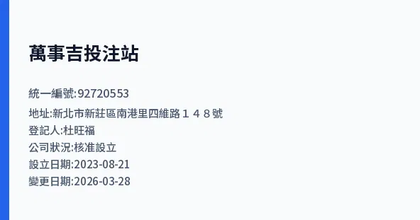 萬事吉投注站的照片-統編 92720553(新北市) 公司登記資料與營業項目詳細圖表