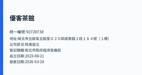 優客茶館的照片-統編 92720738(新北市) 公司登記資料與營業項目詳細圖表