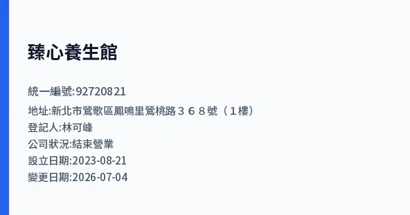 臻心養生館的照片-統編 92720821(新北市) 公司登記資料與營業項目詳細圖表