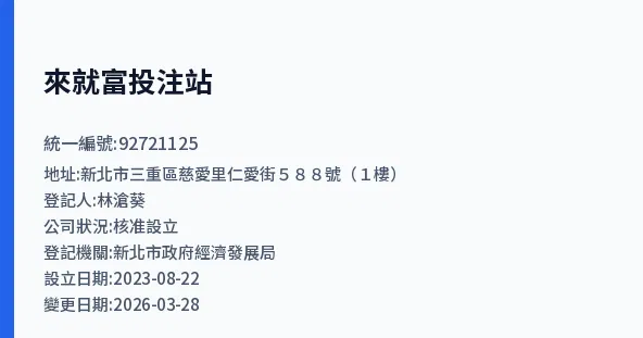 來就富投注站的照片-統編 92721125(新北市) 公司登記資料與營業項目詳細圖表