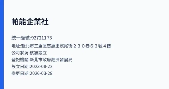 帕能企業社的照片-統編 92721173(新北市) 公司登記資料與營業項目詳細圖表