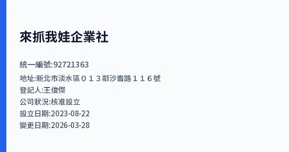 來抓我娃企業社的照片-統編 92721363(新北市) 公司登記資料與營業項目詳細圖表