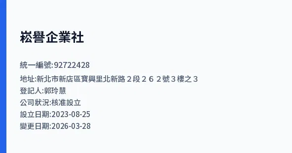崧譽企業社的照片-統編 92722428(新北市) 公司登記資料與營業項目詳細圖表