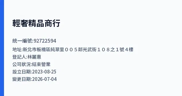輕奢精品商行的照片-統編 92722594(新北市) 公司登記資料與營業項目詳細圖表