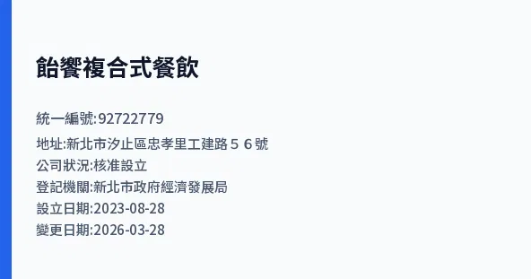 飴饗複合式餐飲的照片-統編 92722779(新北市) 公司登記資料與營業項目詳細圖表
