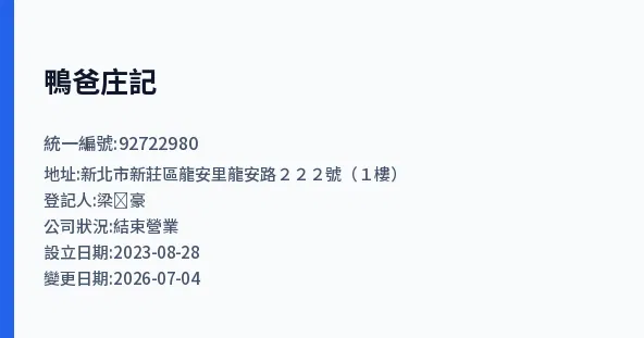 鴨爸庄記的照片-統編 92722980(新北市) 公司登記資料與營業項目詳細圖表