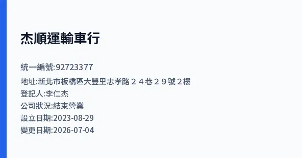 杰順運輸車行的照片-統編 92723377(新北市) 公司登記資料與營業項目詳細圖表