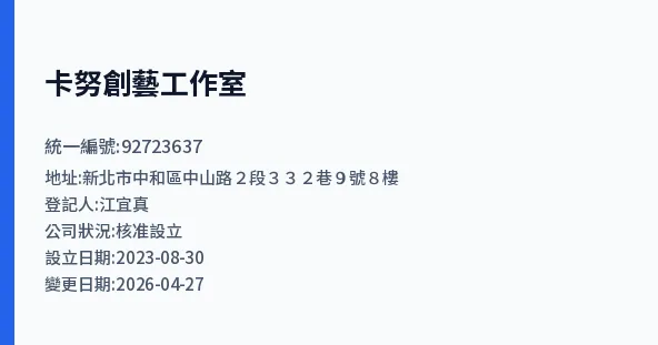 卡努創藝工作室的照片-統編 92723637(新北市) 公司登記資料與營業項目詳細圖表