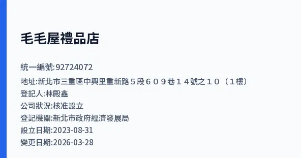 毛毛屋禮品店的照片-統編 92724072(新北市) 公司登記資料與營業項目詳細圖表