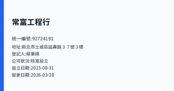 常富工程行的照片-統編 92724191(新北市) 公司登記資料與營業項目詳細圖表