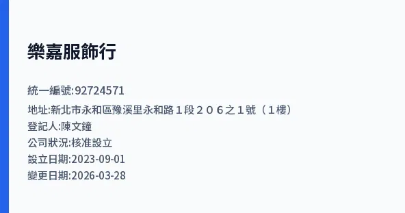 樂嘉服飾行的照片-統編 92724571(新北市) 公司登記資料與營業項目詳細圖表