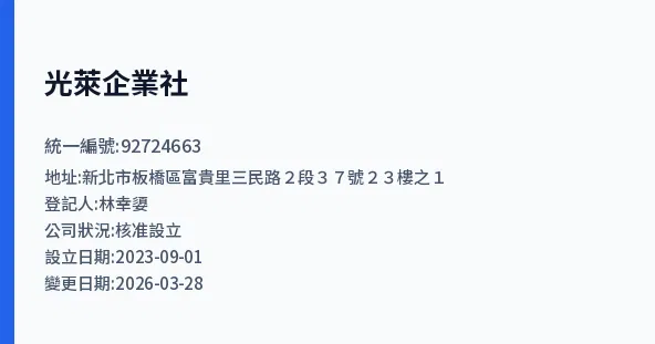 光萊企業社的照片-統編 92724663(新北市) 公司登記資料與營業項目詳細圖表
