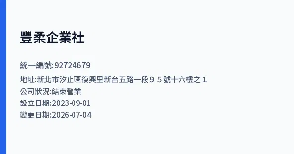 豐柔企業社的照片-統編 92724679(新北市) 公司登記資料與營業項目詳細圖表