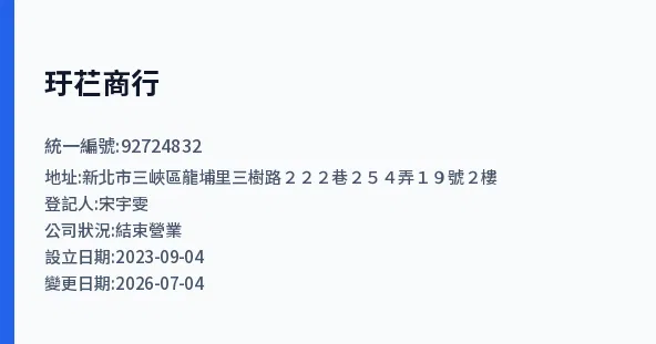 玗芢商行的照片-統編 92724832(新北市) 公司登記資料與營業項目詳細圖表
