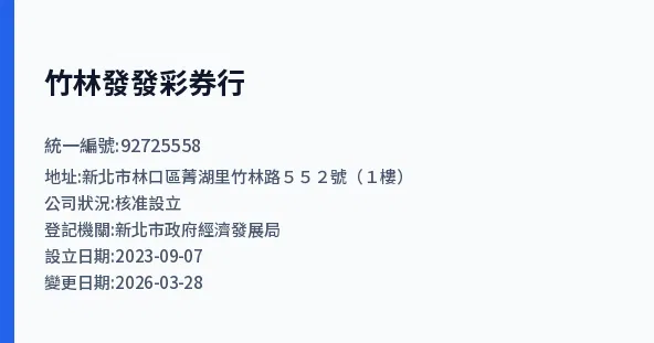 竹林發發彩券行的照片-統編 92725558(新北市) 公司登記資料與營業項目詳細圖表