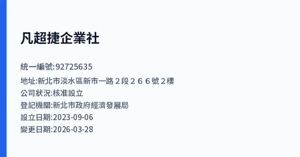 凡超捷企業社的照片-統編 92725635(新北市) 公司登記資料與營業項目詳細圖表