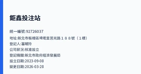 鉅鑫投注站的照片-統編 92726037(新北市) 公司登記資料與營業項目詳細圖表